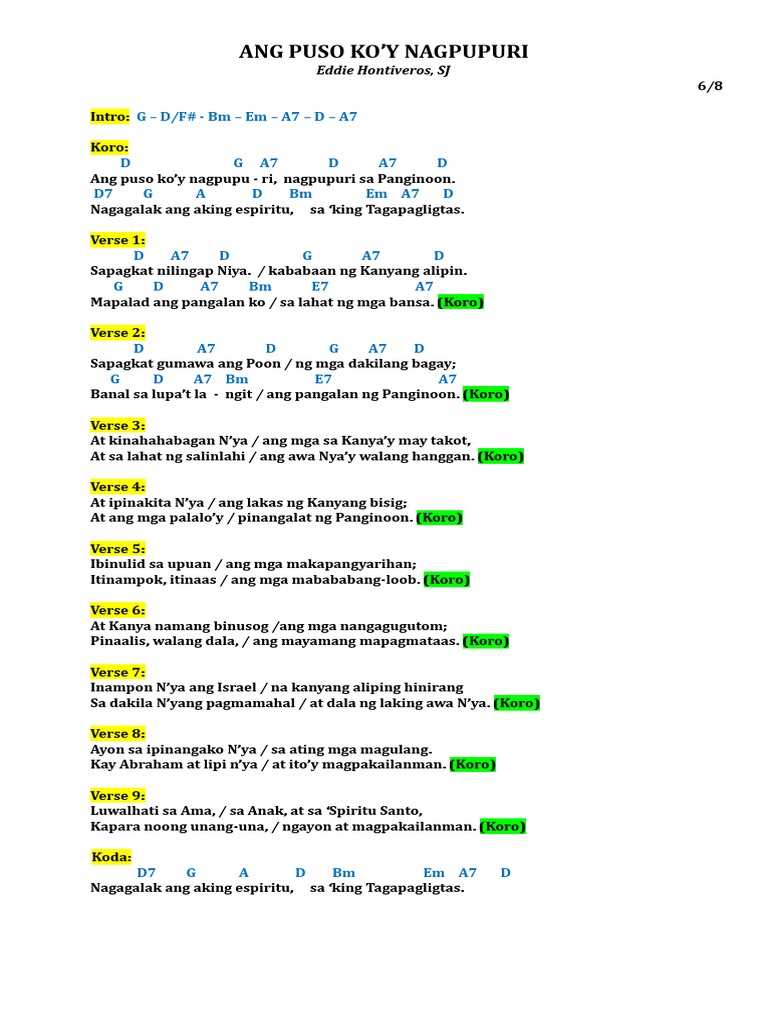 Ang Puso Ko'y Nagpupuri - Eddie Hontiveros, SJ (Key of D)