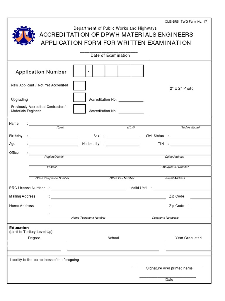 DPWH Materials Engineer Exam Form | PDF | Identity Document | Engineer