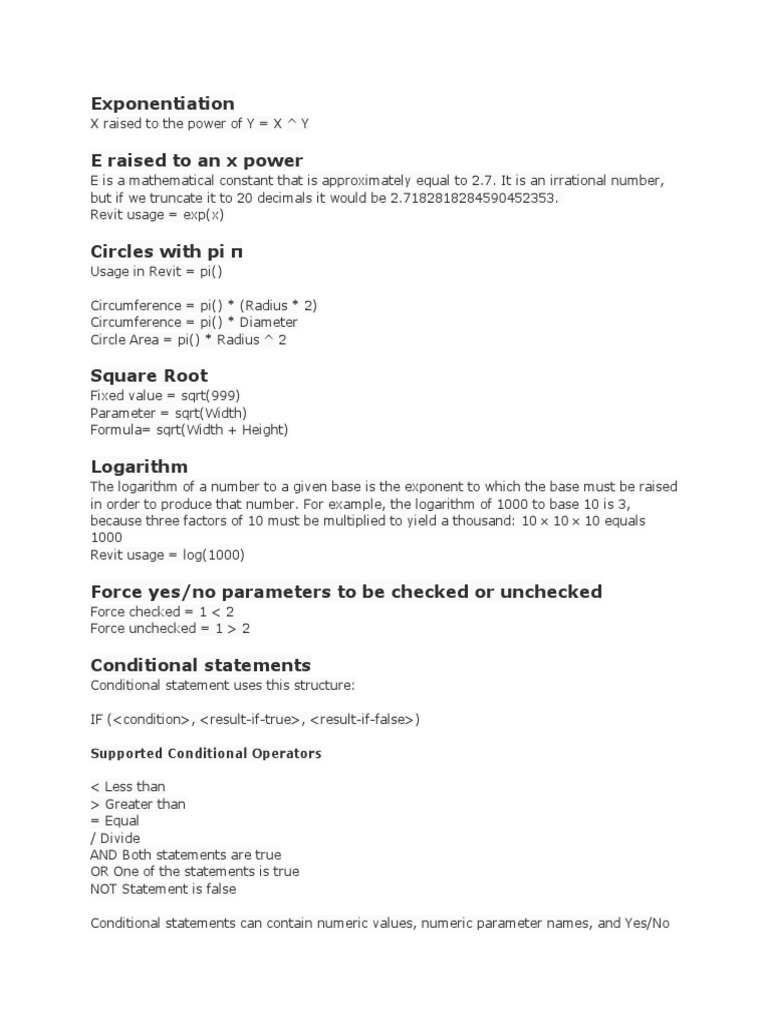 Revit Formulas | PDF | Pi | Exponentiation