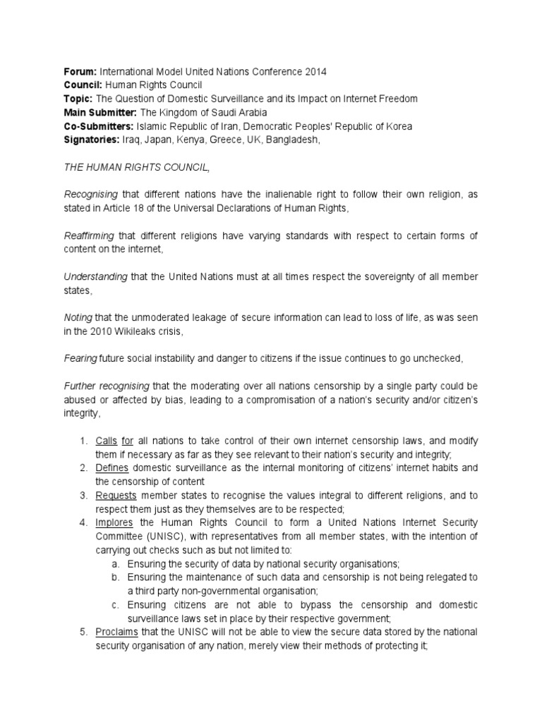 IMUNC HRC Resolution Censorship | PDF | Surveillance | Human Rights