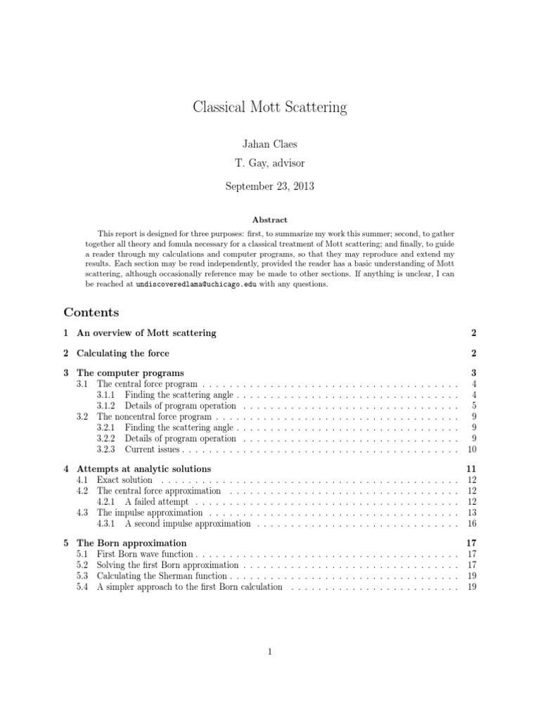 Classical Modeling of Mott Scattering: A Summary of Computational and ...