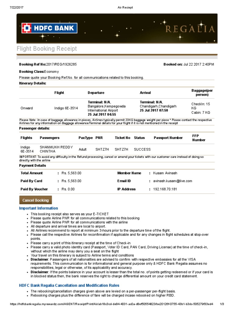Flight Booking Receipt: Important Information | PDF | Transport | Business
