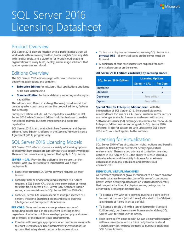 SQL Server 2016 Licensing Datasheet EN US PDF | PDF