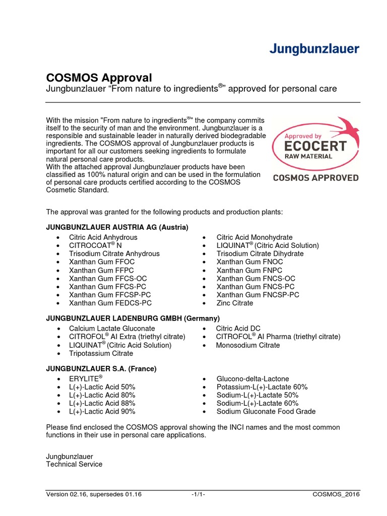 COSMOS Approval: Jungbunzlauer “From nature to ingredients ” approved ...