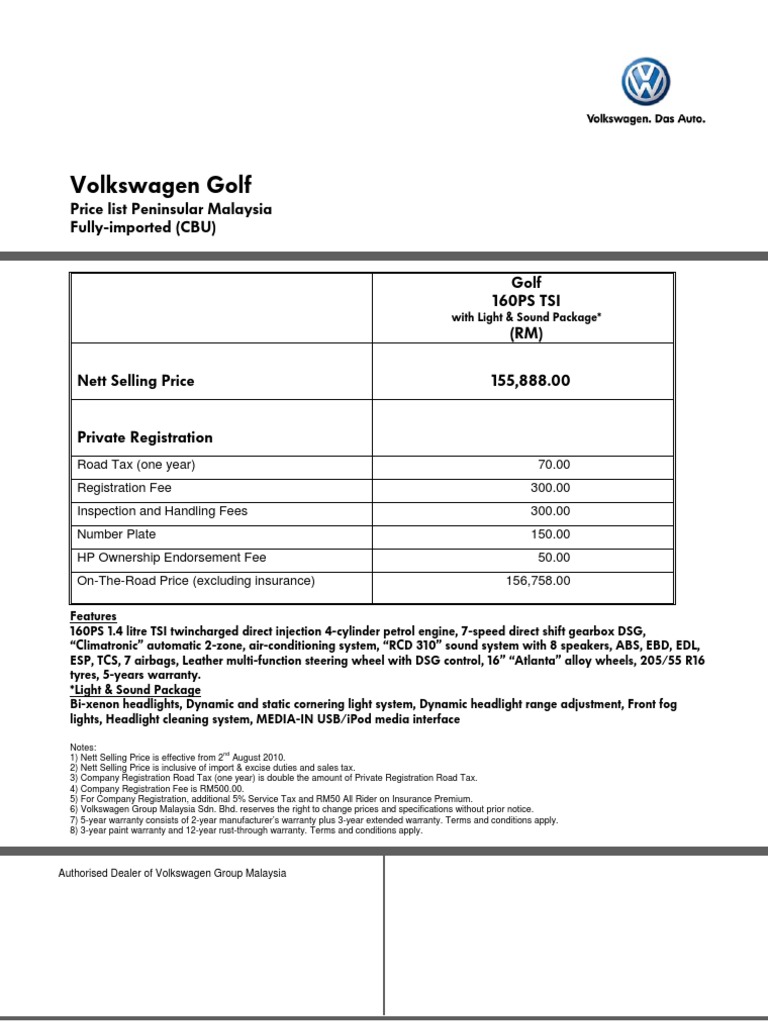 Volkswagen Golf Price List Malaysia | PDF | Motor Vehicle | Car