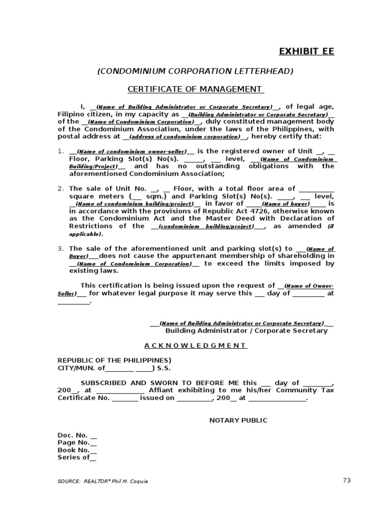 Condominium Management Certificate Sample | PDF | Condominium | Common Law