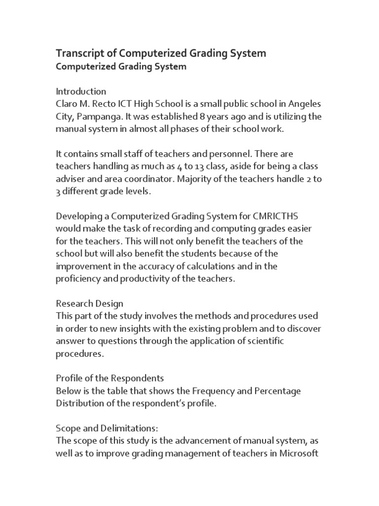 Transcript of Computerized Grading System | PDF | Questionnaire | Evaluation