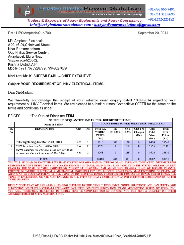 11KV Electrical Items Quotation | PDF | Invoice | Electrical Equipment