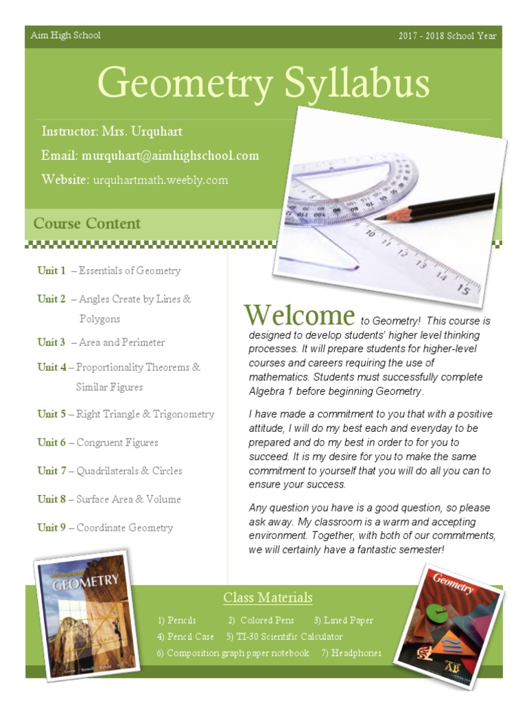 2017-2018 Geometry Syllabus Overview | PDF | Area | Homework