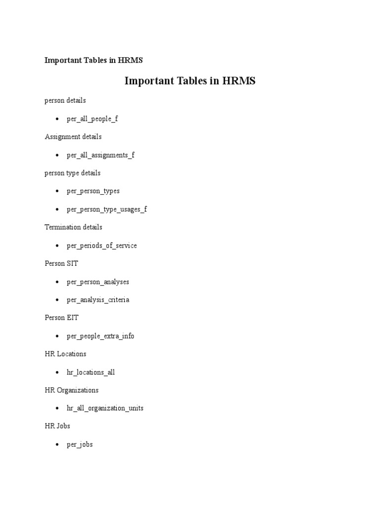Important Tables in HRMS | PDF