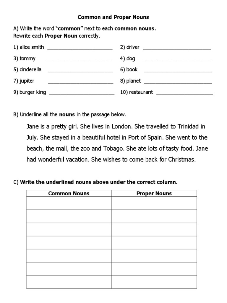 Common and Proper Nouns Worksheet Evaluation | PDF | Semantic Units ...
