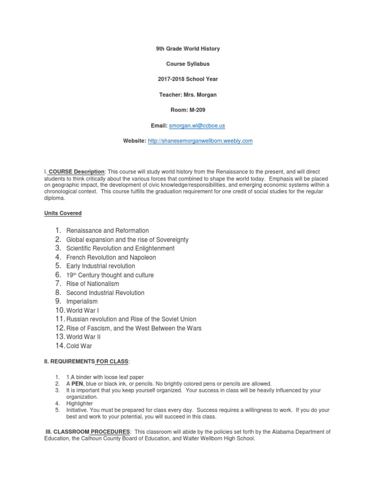 9th Grade World History Syllabus | PDF | Homework | Test (Assessment)