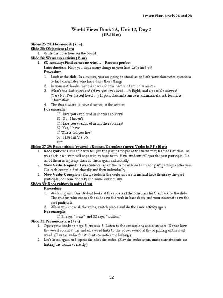 World View: Book 2A, Unit 12, Day 2 | PDF | Adverb | Phrase