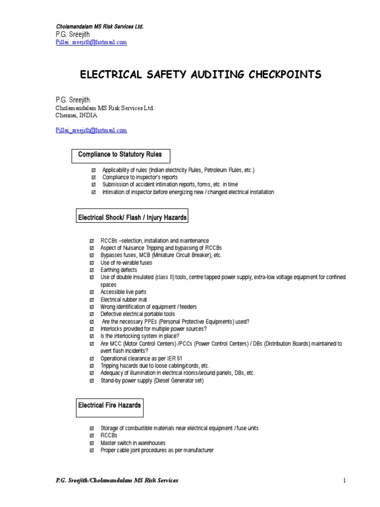 ES Audit Checkpoints 1 | PDF | Fire Safety | Fuse (Electrical)
