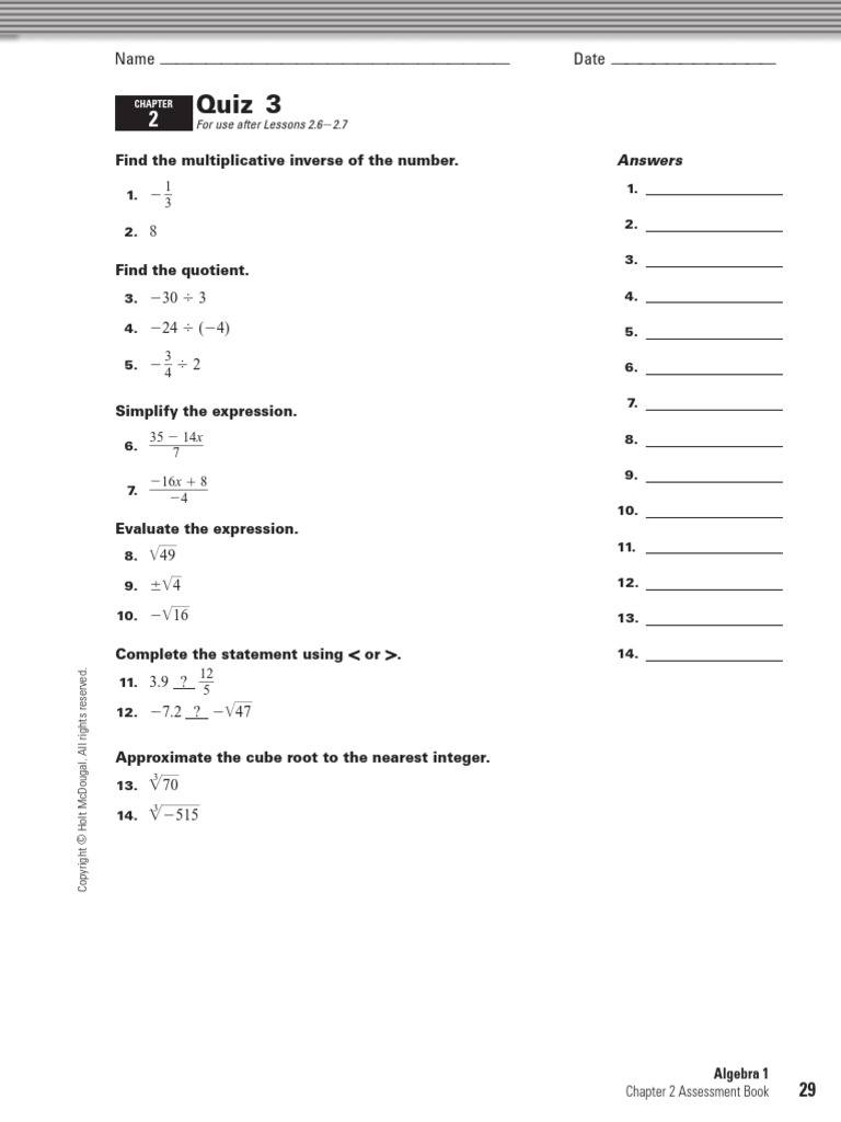 Holt Algebra 1 - Chapter 02 - Quiz 3 | PDF | Integer | Complex Analysis