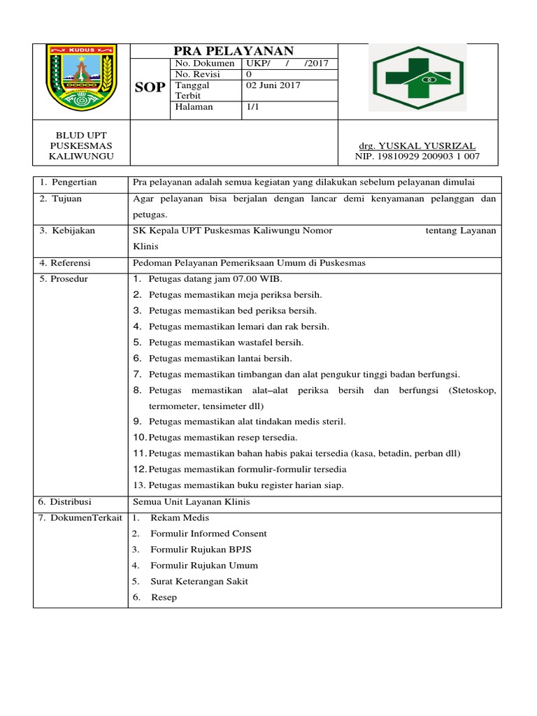 SOP Pra Pelayanan Puskesmas Kaliwungu | PDF