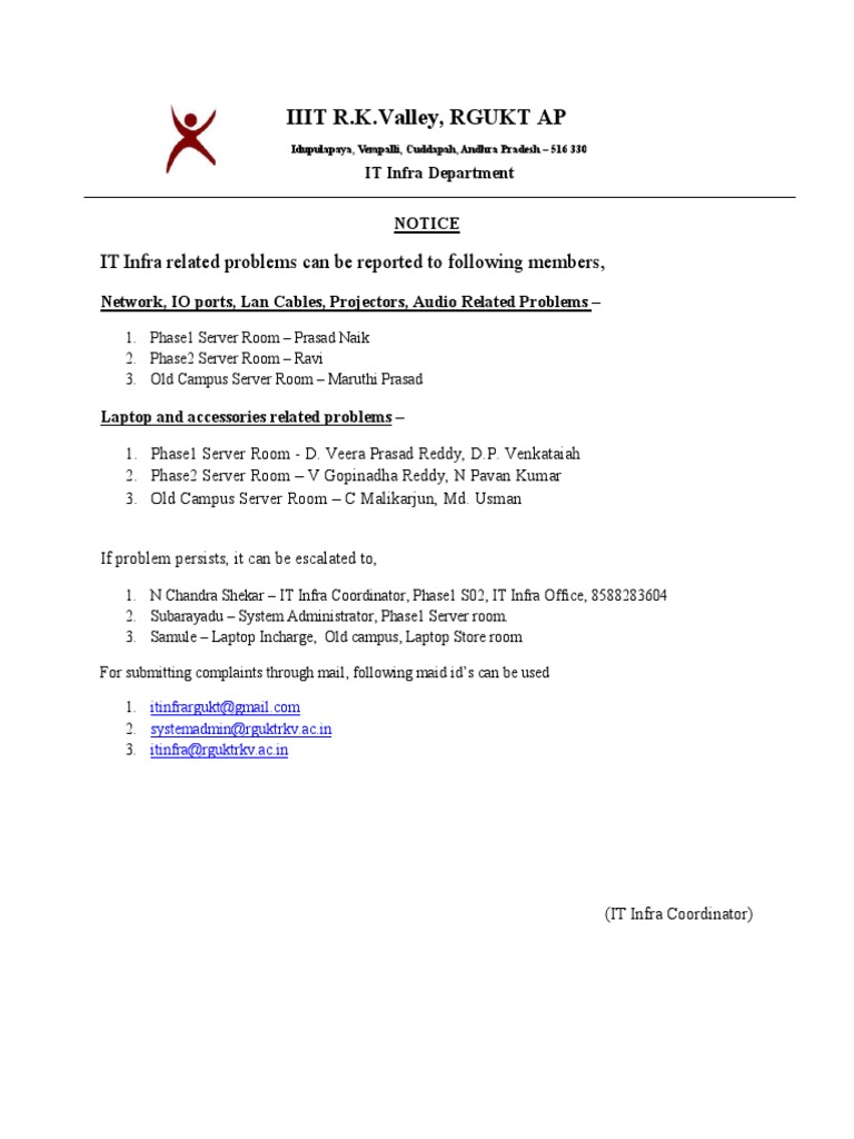 Iiit R.K.Valley, Rgukt Ap: IT Infra Related Problems Can Be Reported To ...