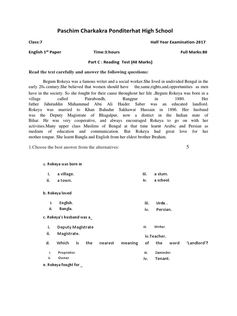Half Year Question English 1st Paper | PDF | Religion And Belief
