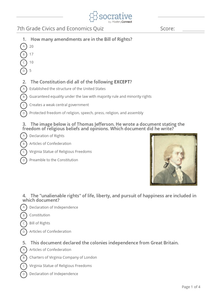 7th Grade Civics Quiz Questions | PDF | Natural And Legal Rights ...