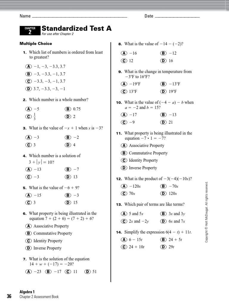 Holt Algebra 1 - Chapter 02 - Standardized Test | PDF | Integer ...