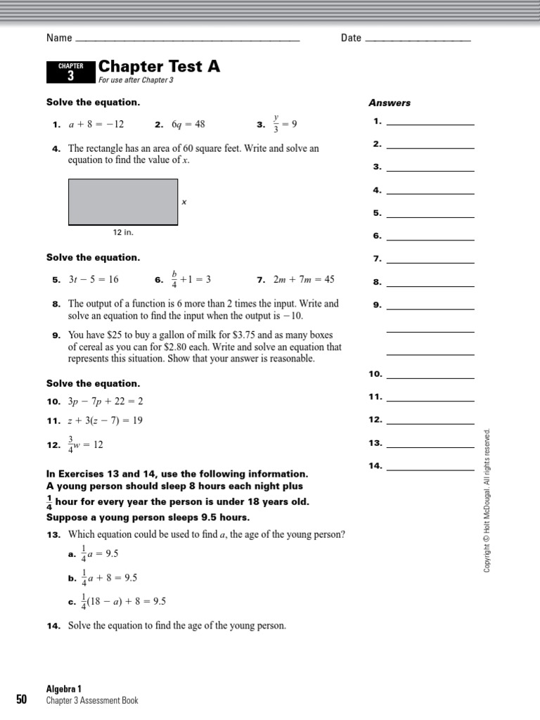 Holt Algebra 1 - Chapter 03 Test | PDF | Surface Area | Equations
