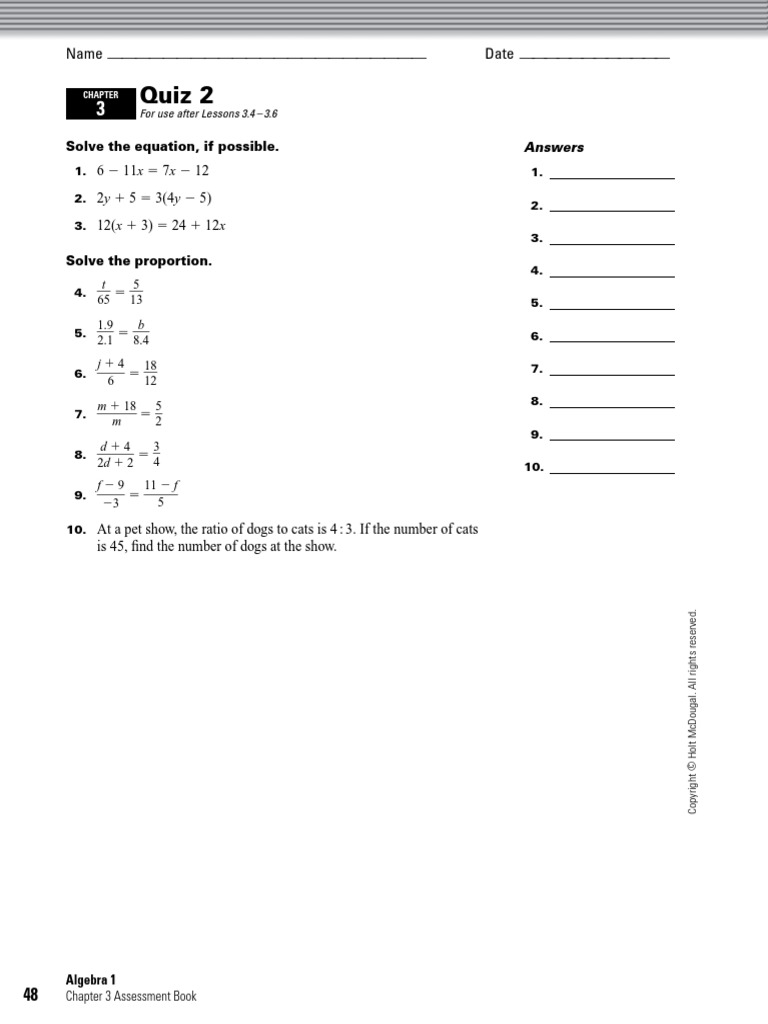 Holt Algebra 1 - Chapter 03 - Quiz 2 | PDF | Rational Number | Ratio