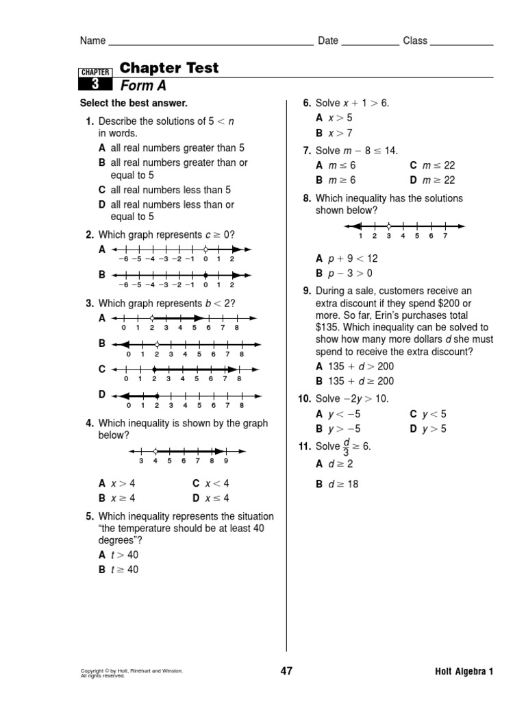 Holt Algebra 1 - Chapter 3 Test | PDF | Inequality (Mathematics) | Real ... Holt Algebra 1 - Chapter 3 Test | PDF | Inequality (Mathematics) | Real ...