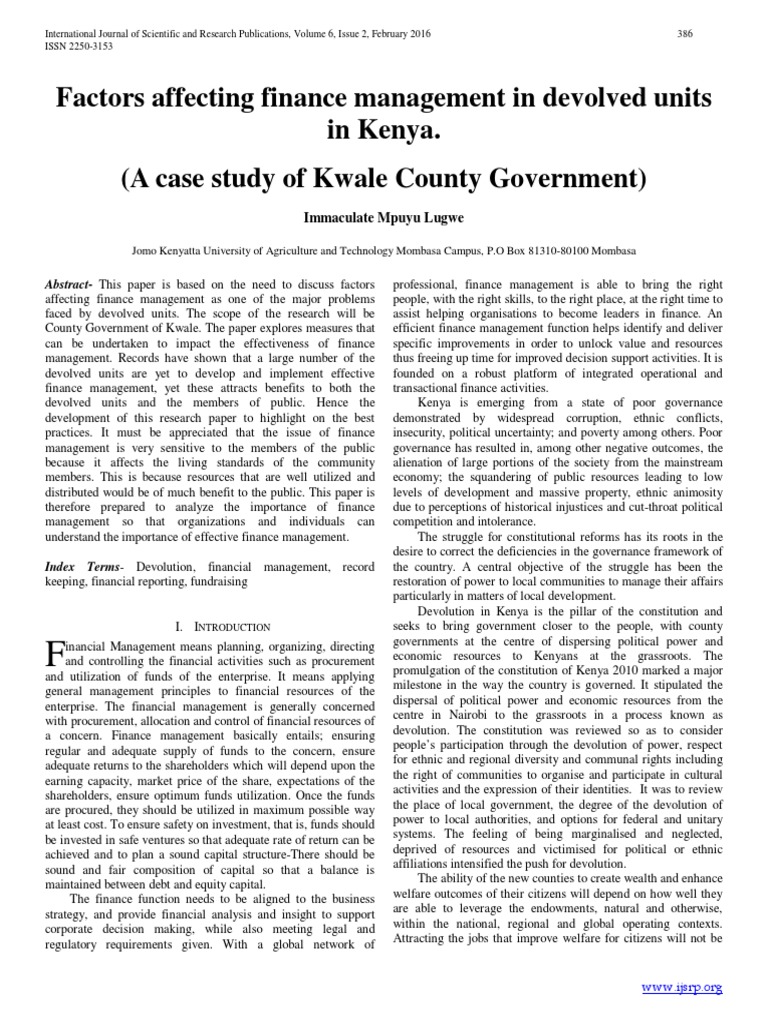 Factors Affecting Finance Management in Devolved Units in Kenya. (A Case Study of Kwale County ...