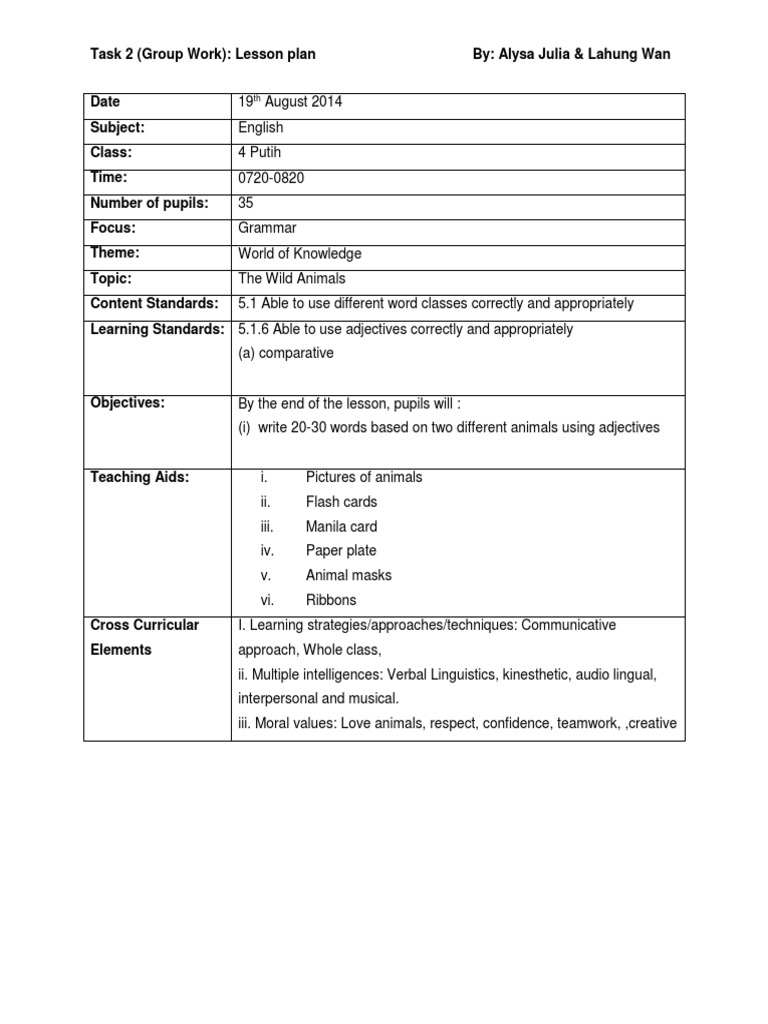 English Year 4 KSSR Lesson Plan Example | PDF | Lesson Plan ...