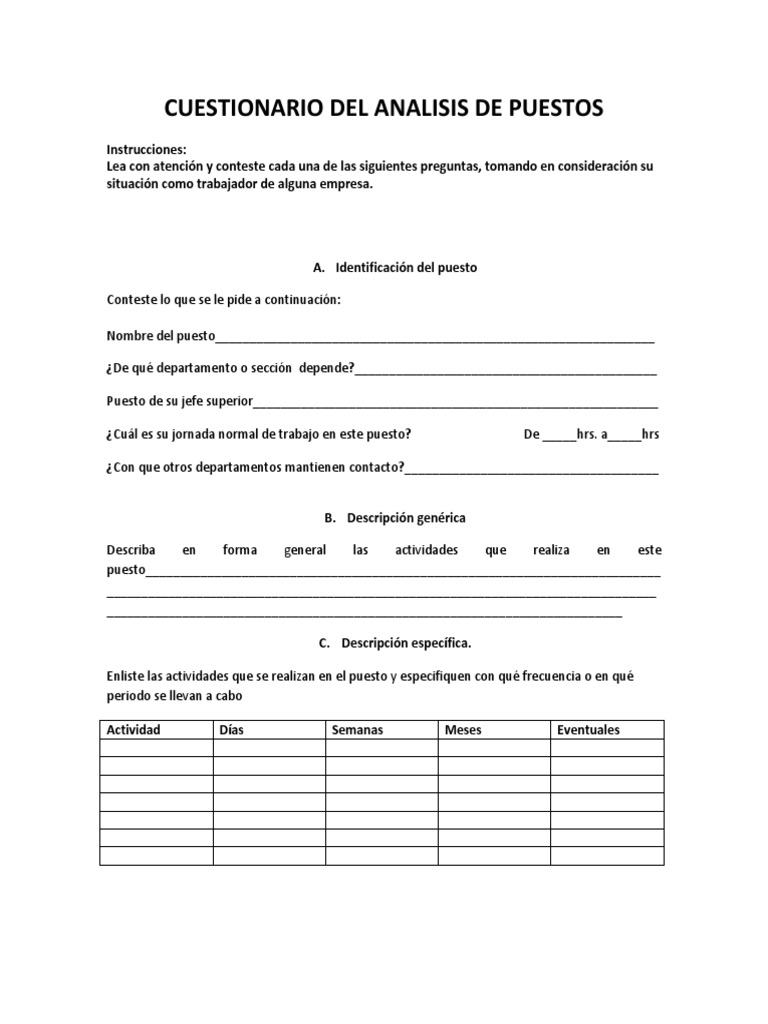 Cuestionario Del Analisis de Puestos | Psicología | Bienestar
