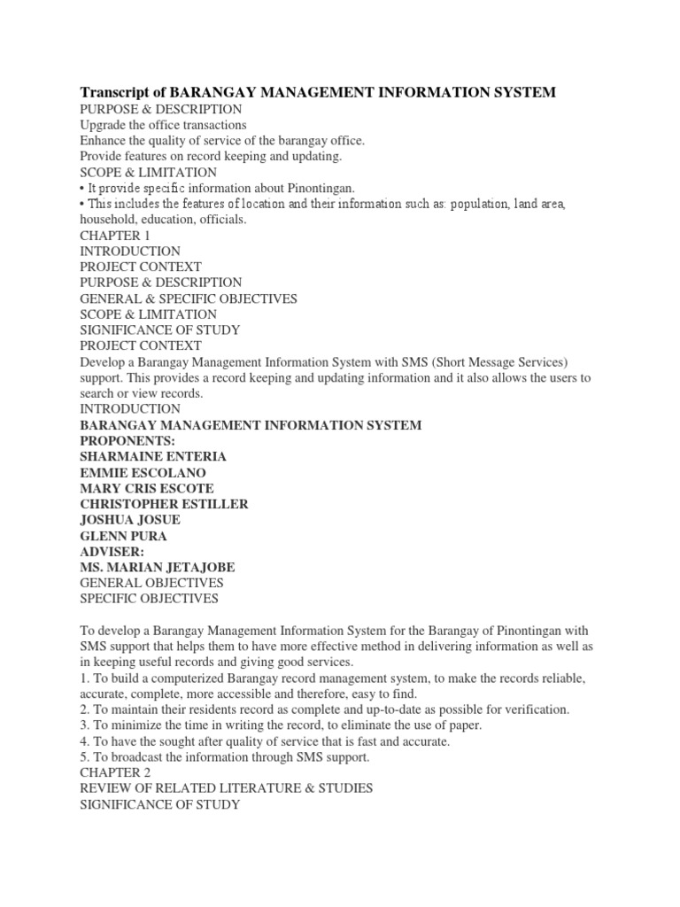 Transcript of Barangay Management Information System | PDF ...