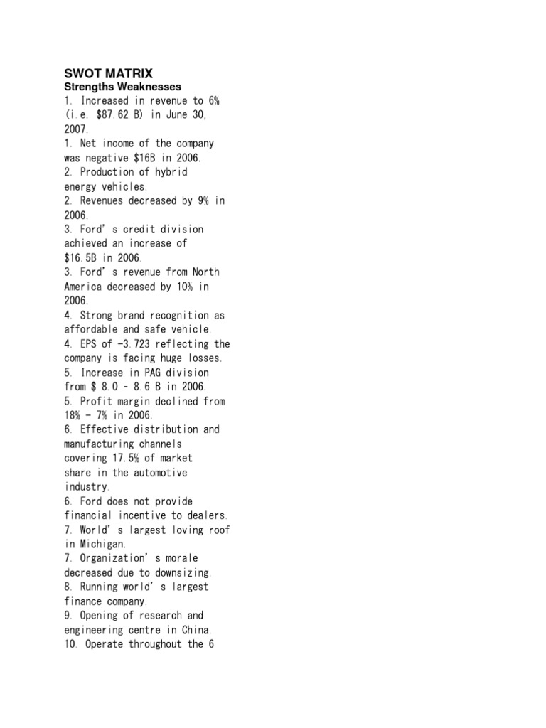Swot Matrix | PDF | Ford Motor Company | Car