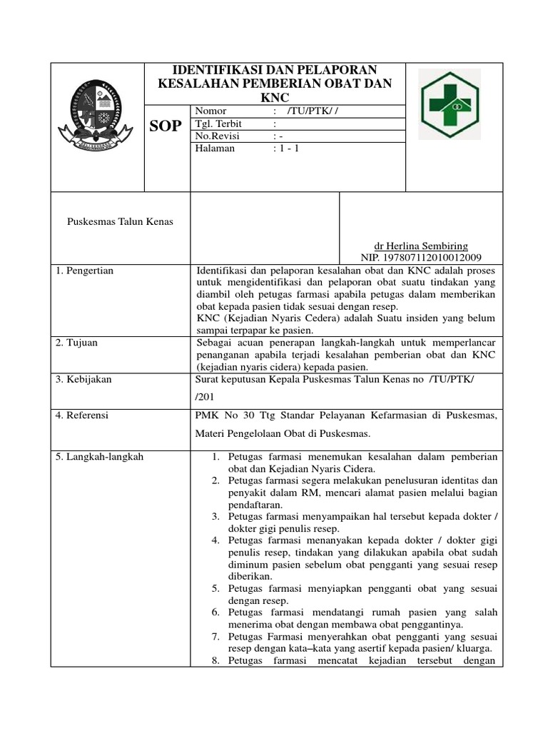 Sop Identifikasi Dan Pelaporan Kesalahan Pemberian Obat Dan KNC | PDF