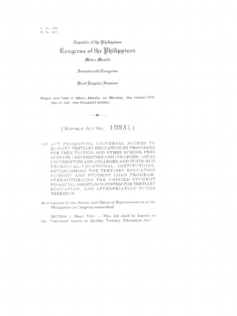RA 10931 - Universal Access To Quality Tertiary Education Act | PDF