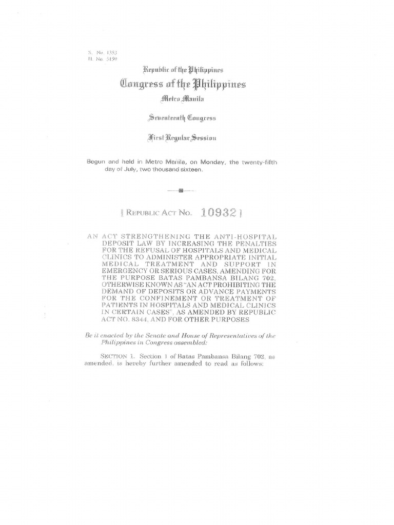RA 10932 - Anti-Hospital Deposit Law | PDF
