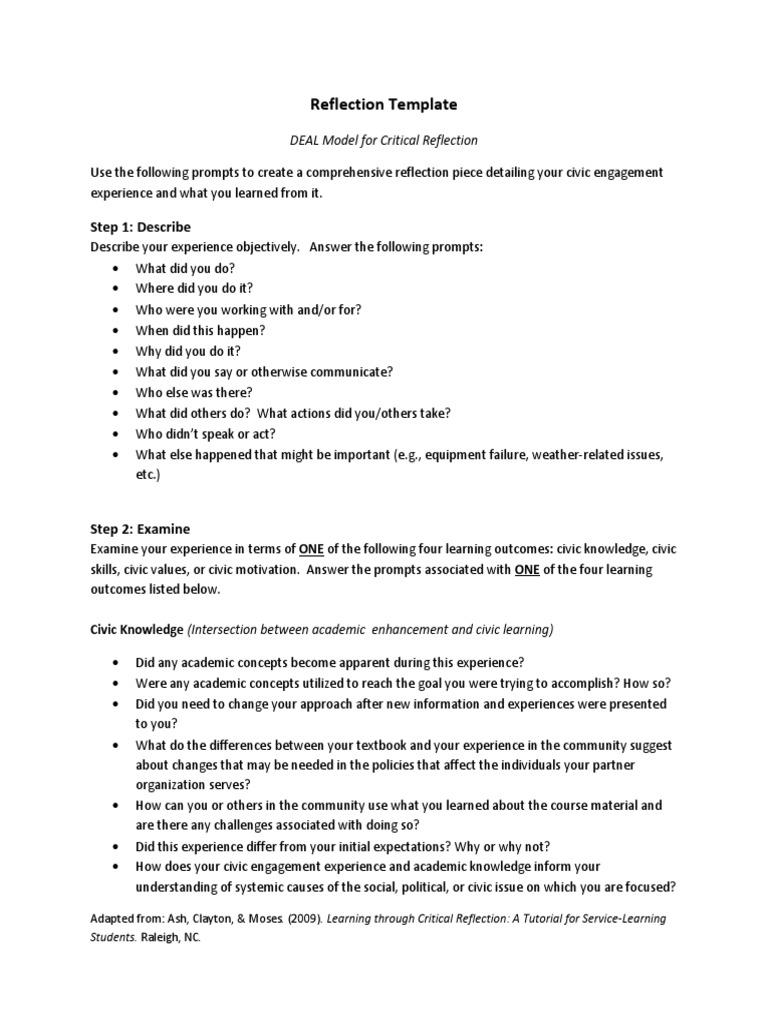 Civic Reflection Using DEAL Model | PDF | Service Learning | Civic ...