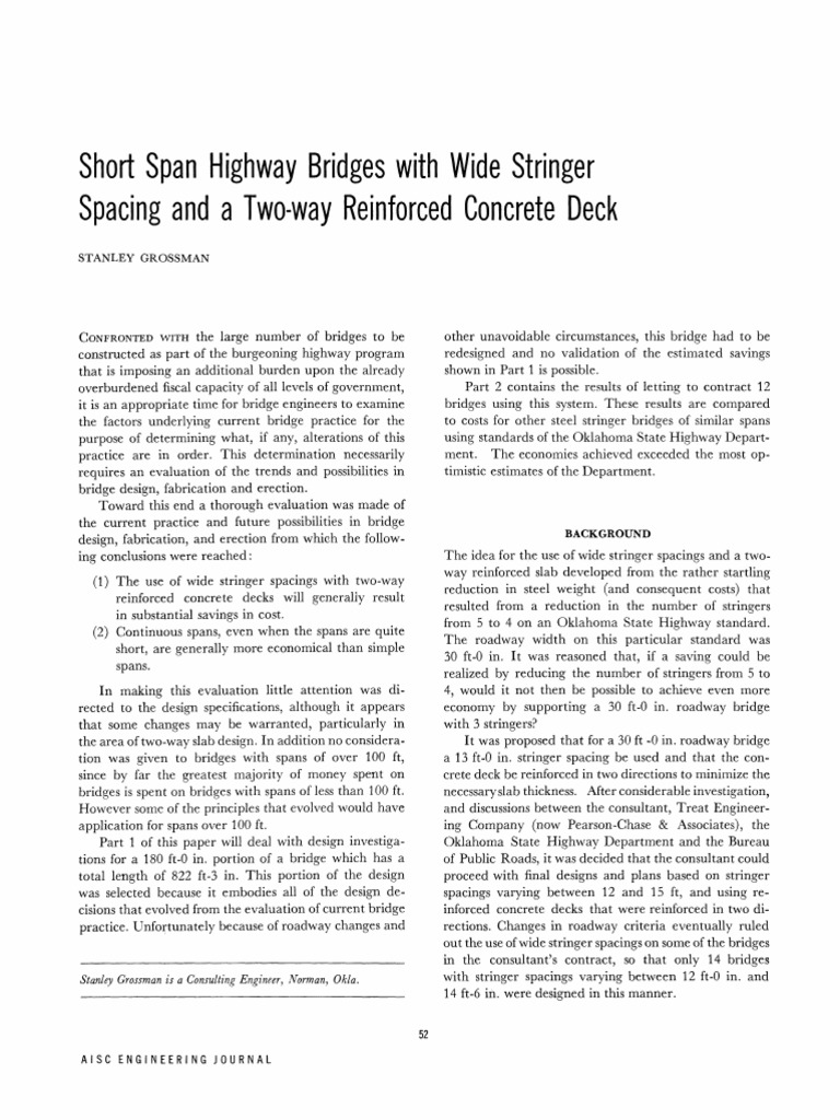Short Span Highway Bridges With Wide Stringer Spacing and A Two-Way ...