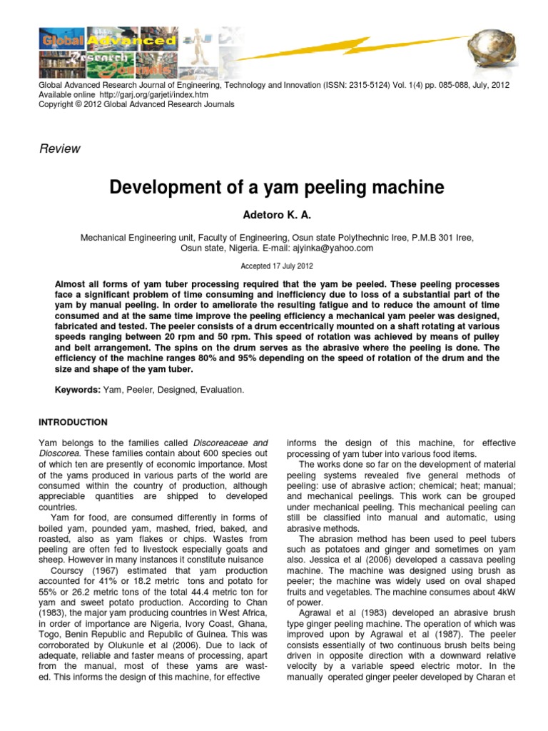 Development of A Yam Peeling Machine PDF | PDF | Belt (Mechanical ...