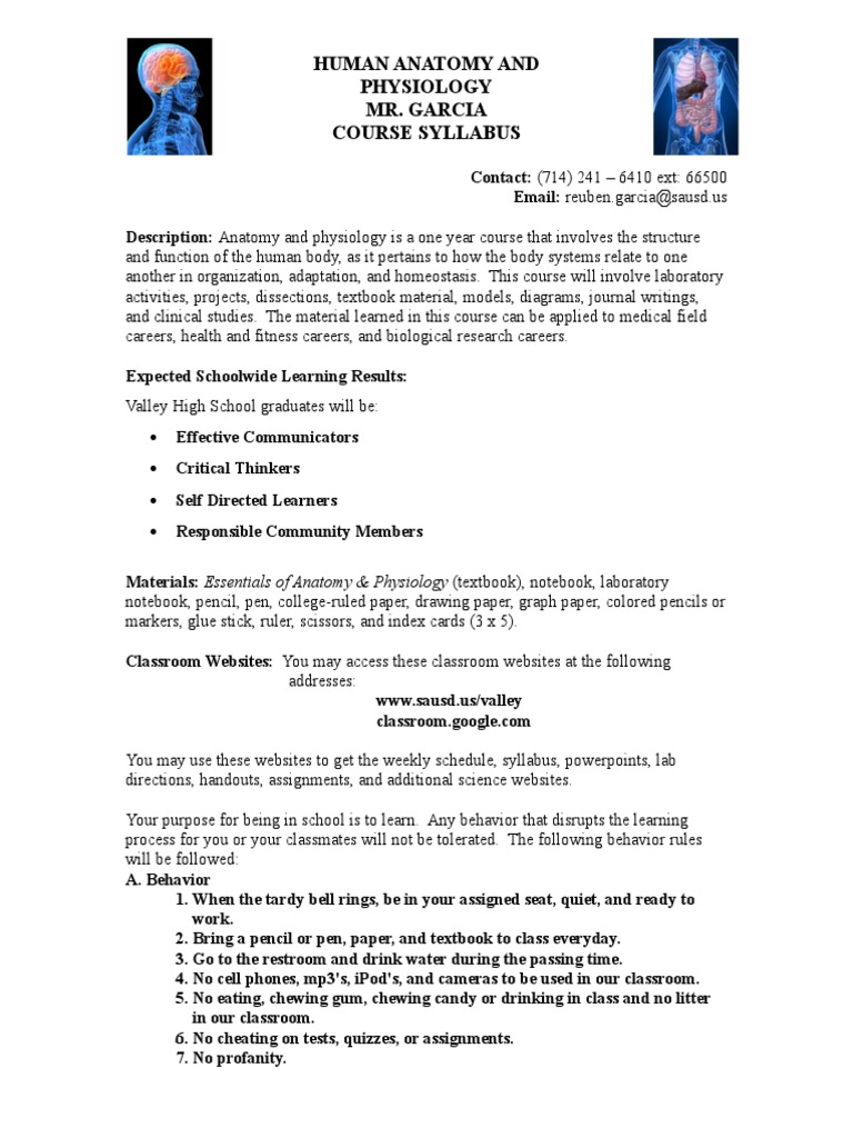 Human Anatomy and Physiology Syllabus | Download Free PDF | Multiple ...