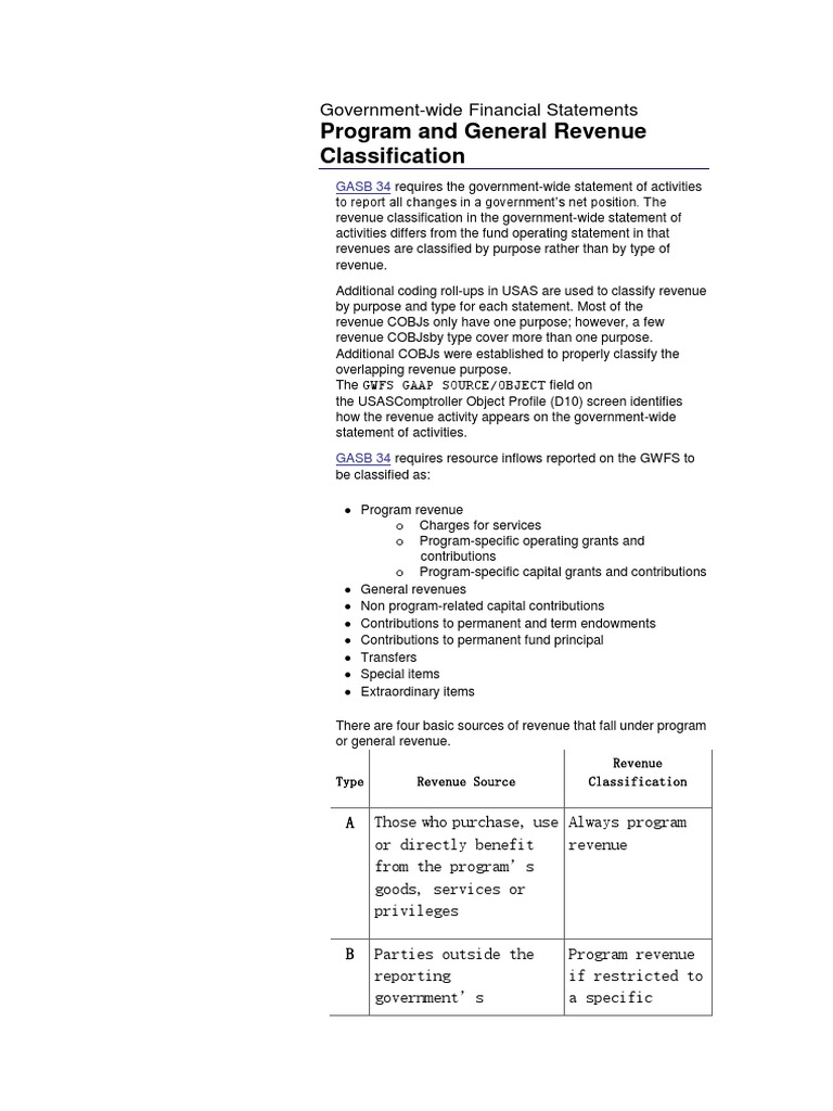 Program and General Revenue Classification: Government-Wide Financial ...