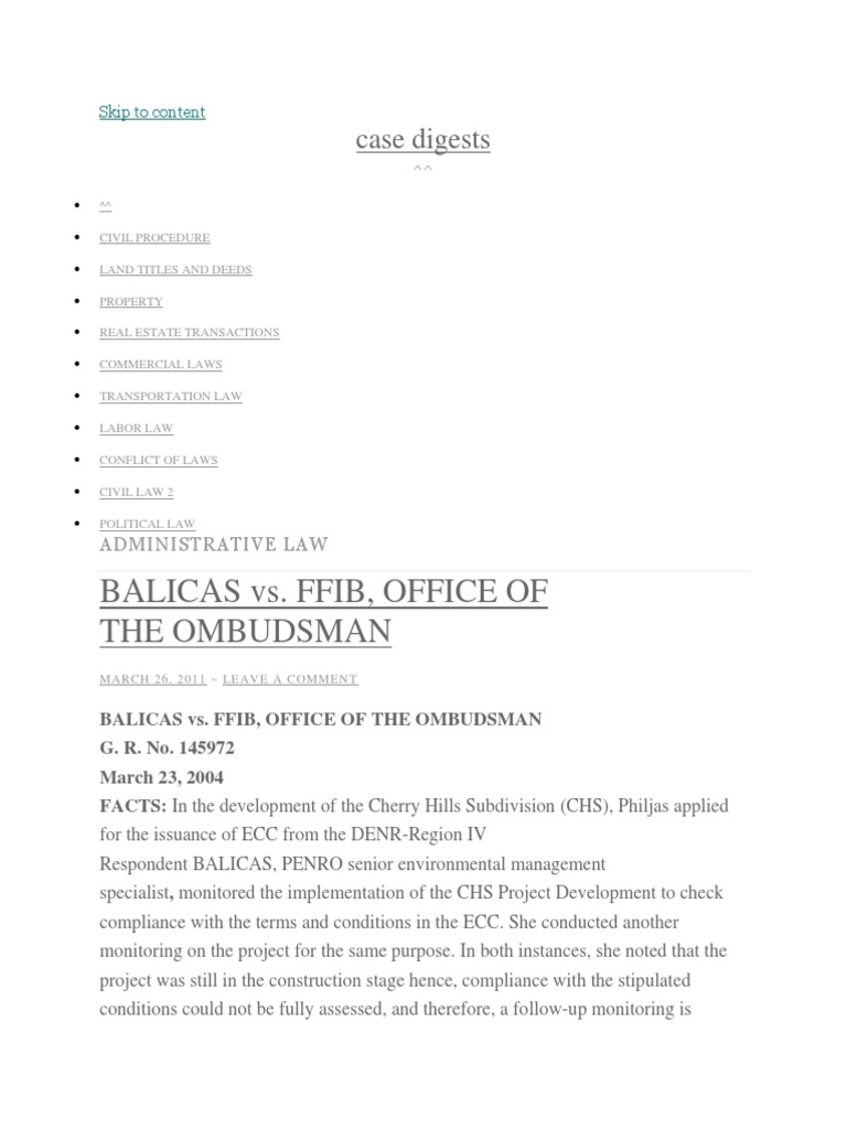 Balicas vs. Ffib, Office of The Ombudsman: Case Digests | PDF | Arbitral Tribunal | Arbitration