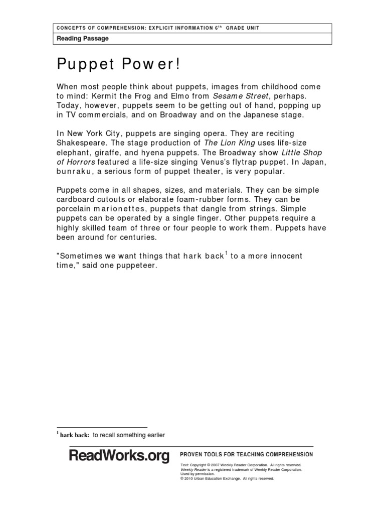 Puppet Power! Passage | PDF