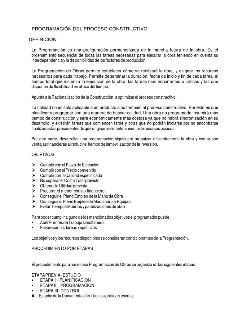 Programación Del Proceso Constructivo Caminos | PDF | Programación de computadoras | Calidad ...