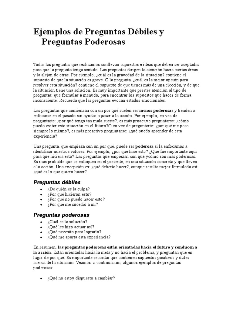 Ejemplos de Preguntas Débiles y Preguntas Poderosas | PDF | Cognición ...