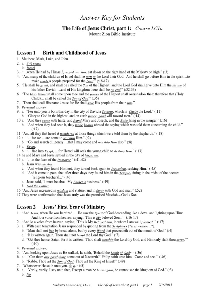 Answer Key For Students: The Life of Jesus Christ, Part 1: Course LC1a ...