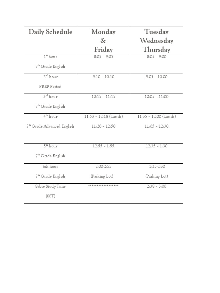 7th Grade English Daily Schedule | PDF