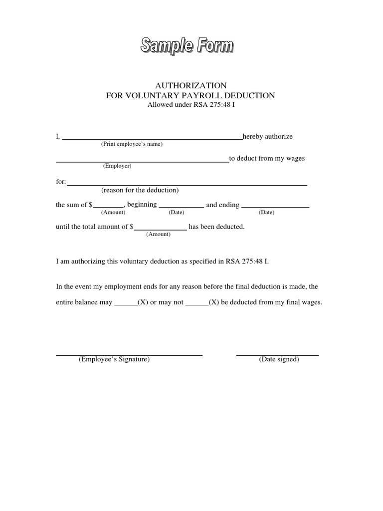Authorization For Voluntary Payroll Deduction: (Print Employee's Name ...