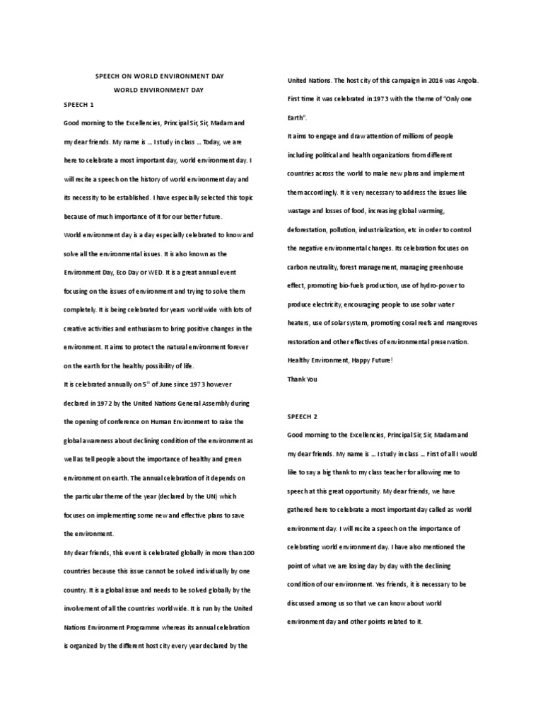 Sample Speech-World Environment Day | PDF | Environmentalism | Wildlife