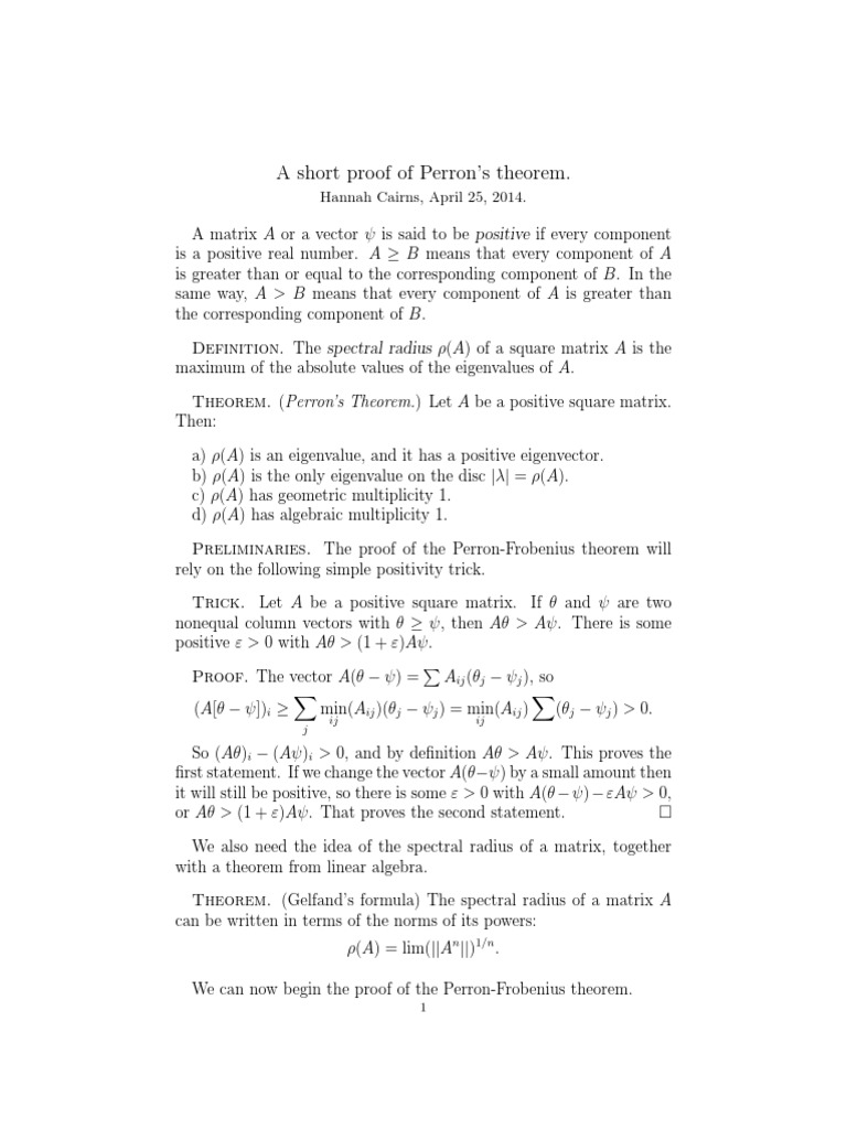 Perron-Frobenius Hannah Cairns | PDF | Eigenvalues And Eigenvectors | Mathematical Concepts