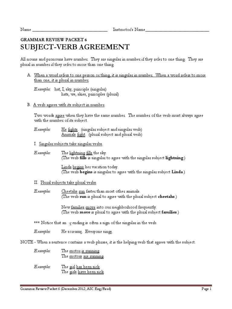Grammar Review Packet 6 Subject Verb Agreement | PDF | Grammatical ...